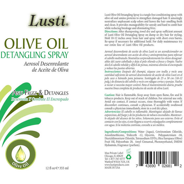 Lusti Olive Oil Detangling Spray 355 mL - For Detangling & Anti-Frizz ...